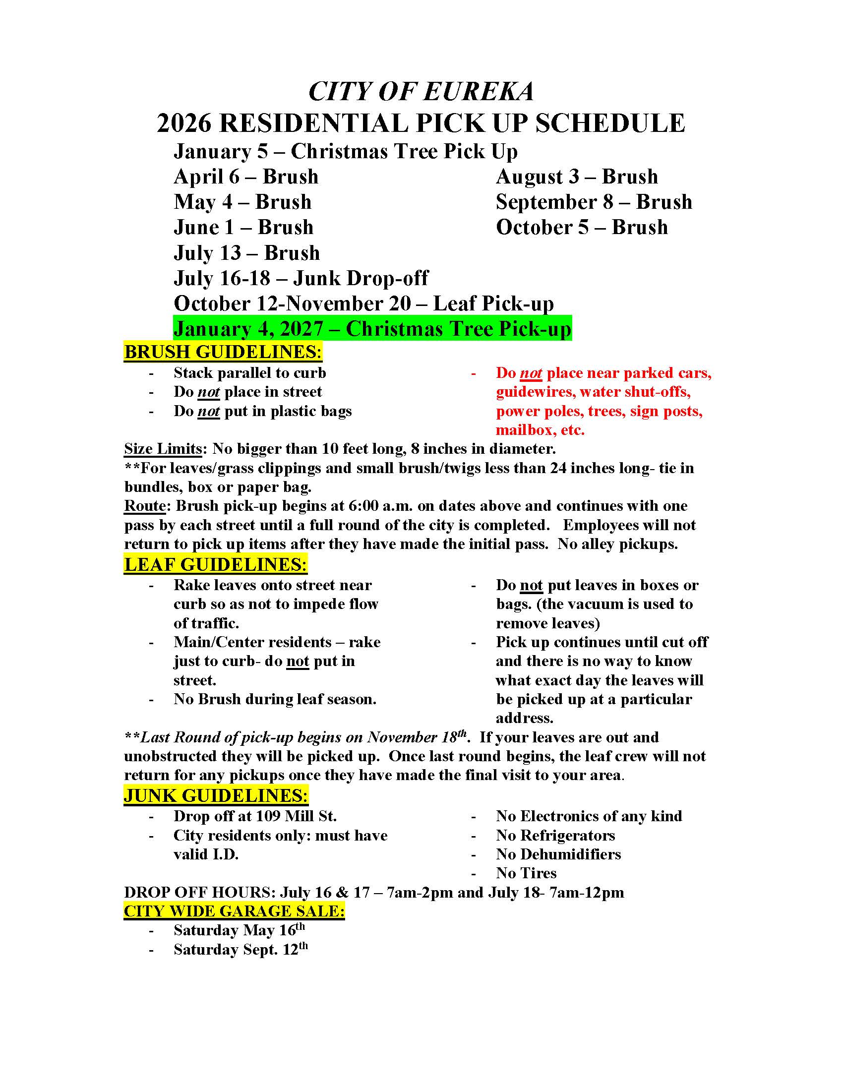 2026 Residential Pick Up Schedule | Eureka, IL